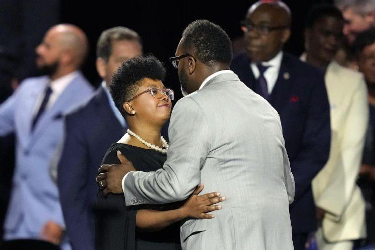 Stacie Johnson, left, wife of Chicago Mayor Brandon Johnson smiles at ...